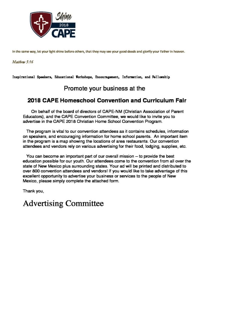 2018 Program Ad Letter – CAPE NM