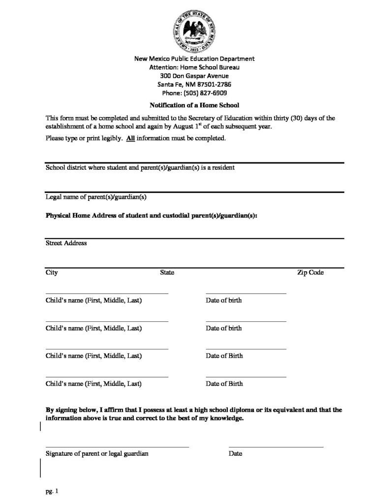Homeschool Notification Form with Statutes Pertaining to Homeschool ...